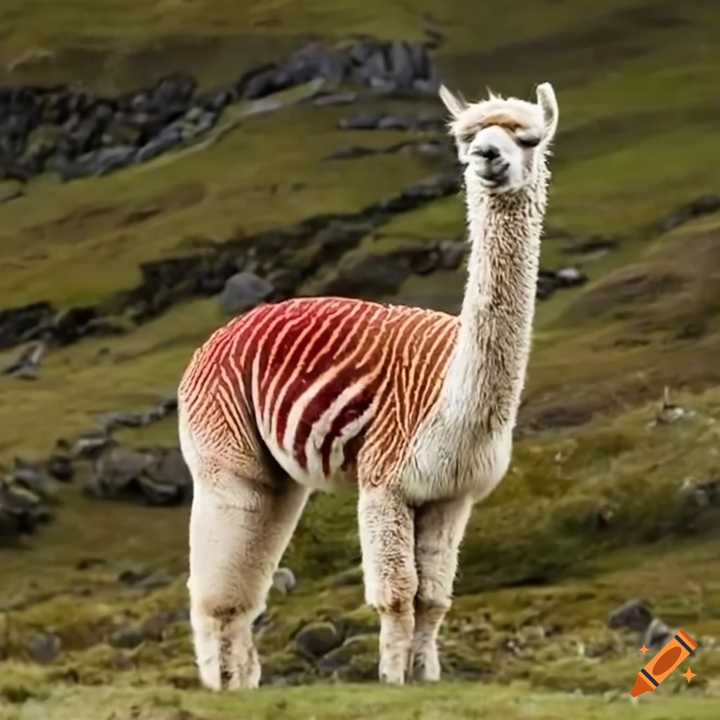 Alpaca with red zebra stripes in the highlands on Craiyon