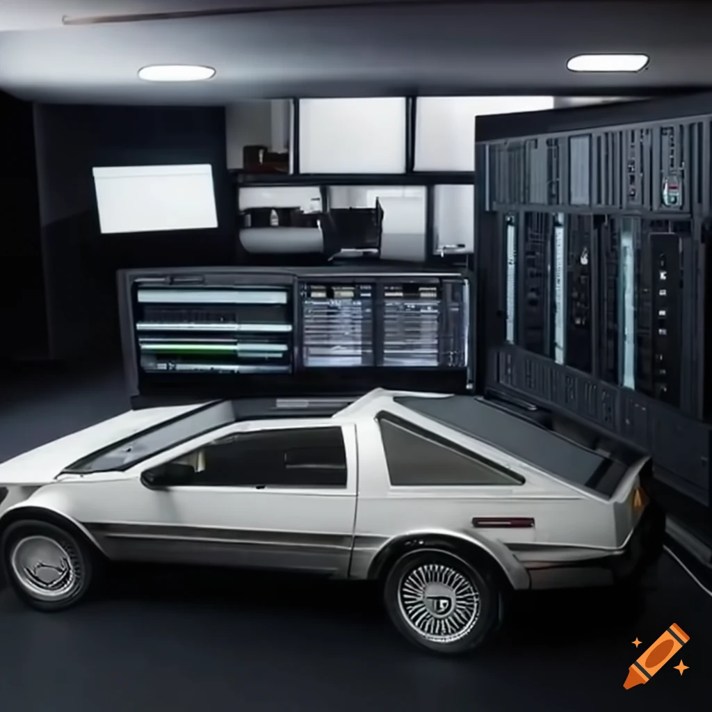 Sleek delorean car in a techy office space with monitors and servers on ...