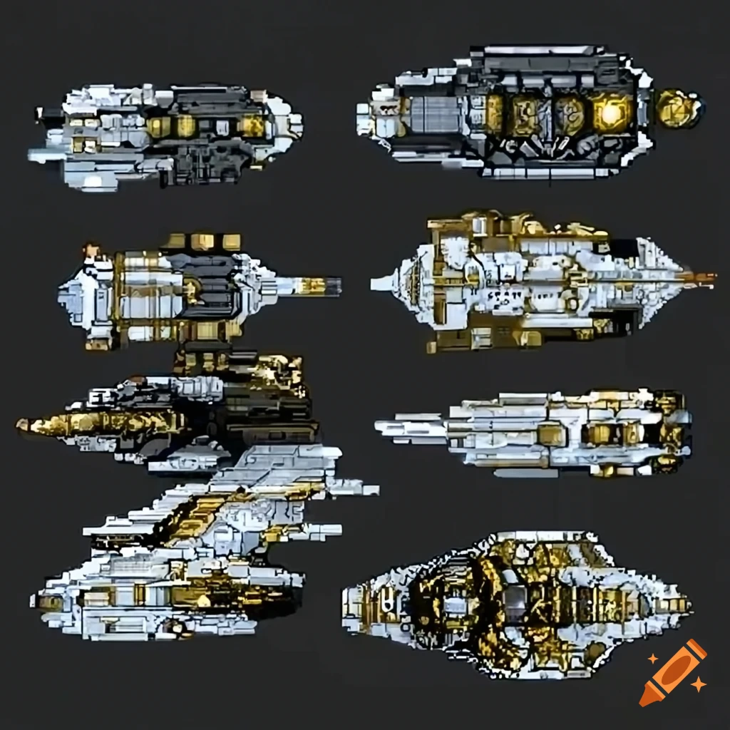 Intricate white and gold science fiction spaceship sprites on Craiyon