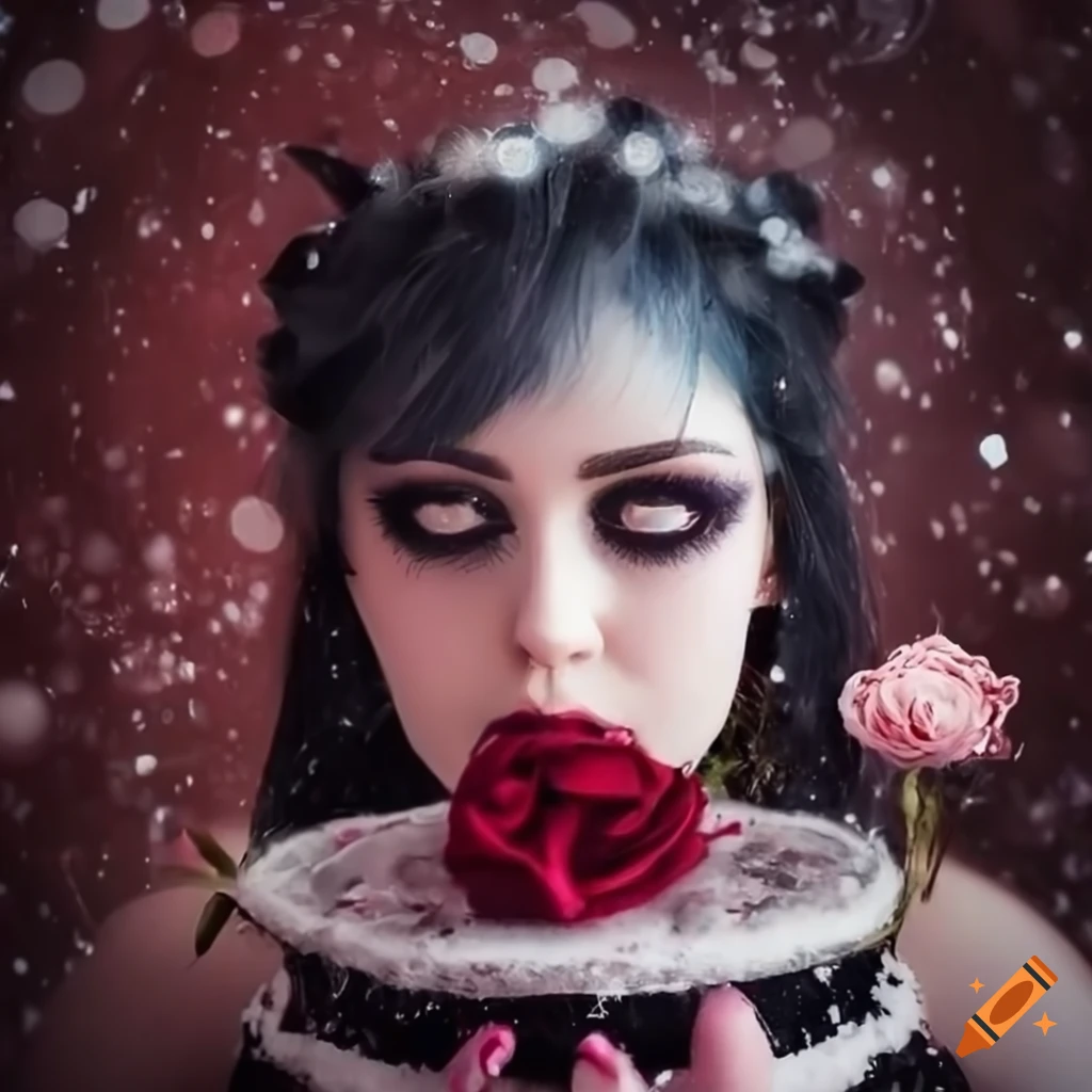 Goth girl in a snow globe surrounded by roses on Craiyon