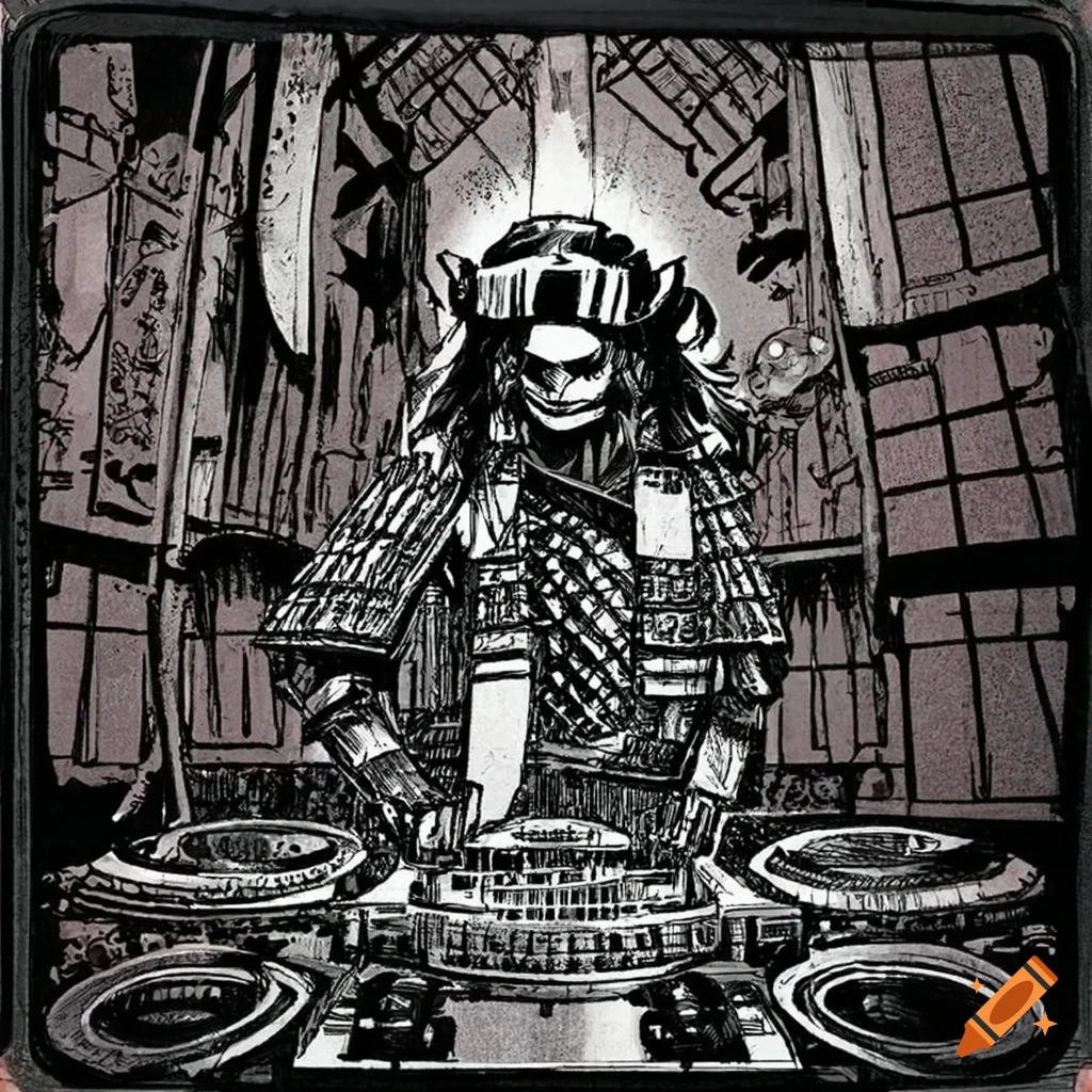 Comic noir depiction of a japanese samurai techno dj on Craiyon
