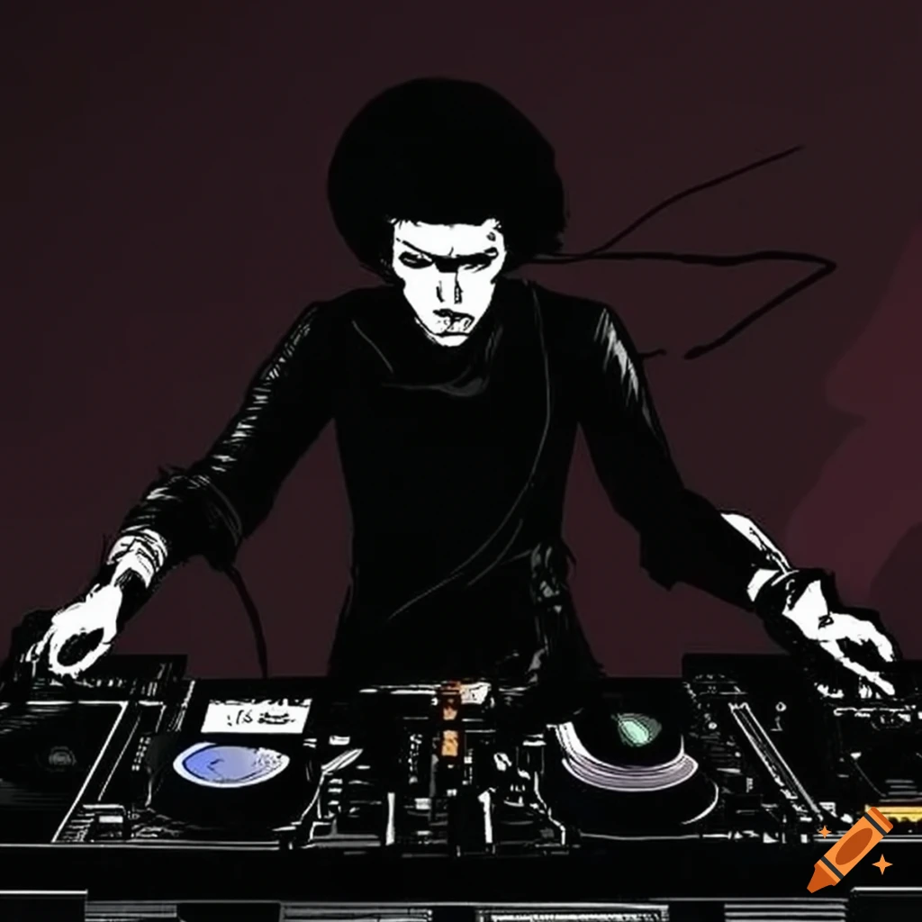 Comic noir depiction of a techno DJ on Craiyon