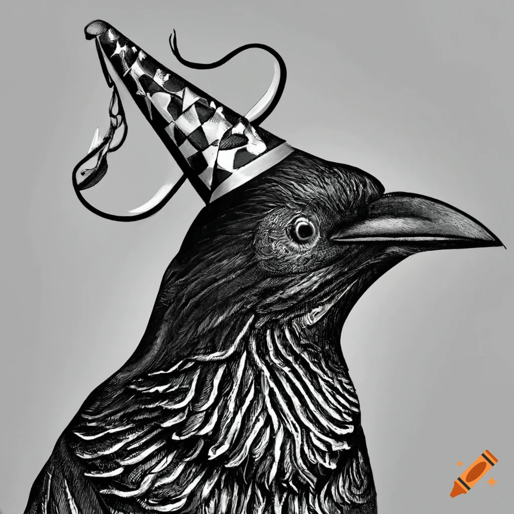 Crow with party hat in bosch style black and white illustration on Craiyon