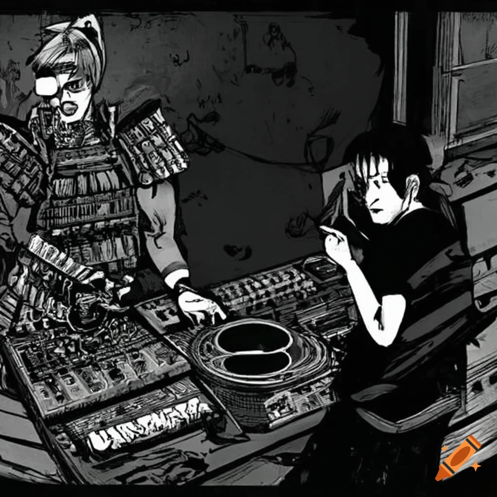 Japanese samurai techno DJ in a comic noir style on Craiyon
