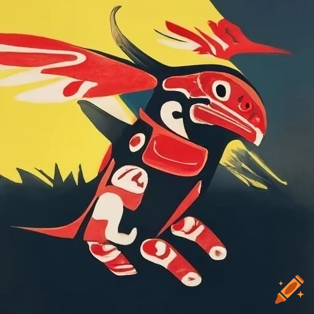 Color lithograph of Native Salish designs with mythical Chinook spirit ...