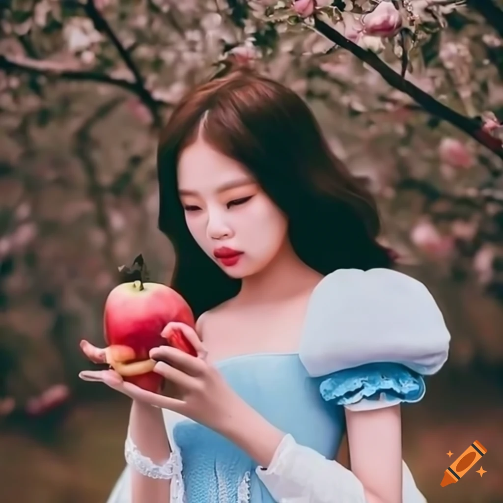 Jennie from BLACKPINK as Snow White enjoying an apple in an orchard on ...