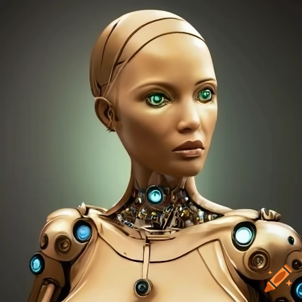 Beautiful aphrodite robot in golden future city on Craiyon