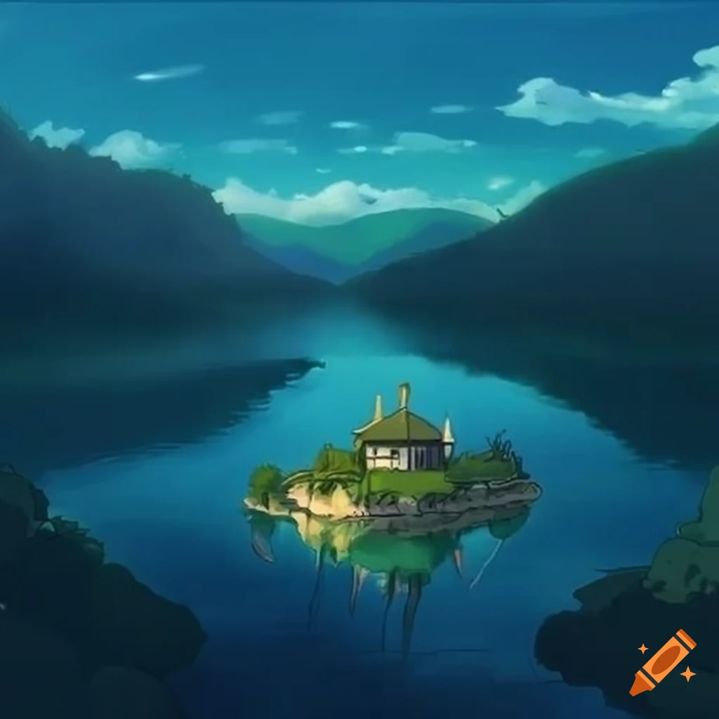 Beautiful small island in a lake in studio ghibli anime style on Craiyon
