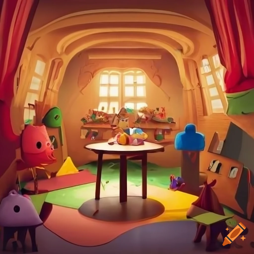 Classroom with children's personalized creative tables in a magical ...