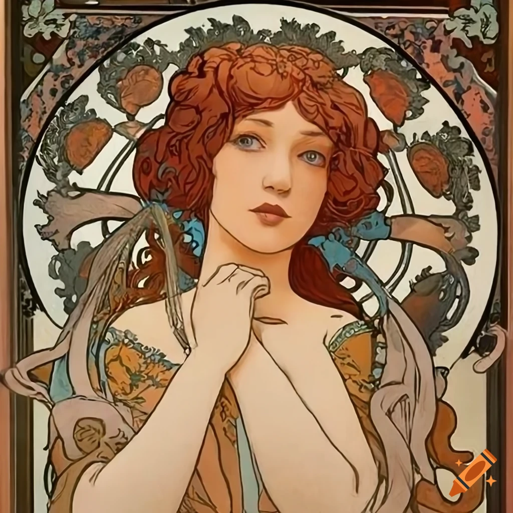 Portrait of a woman with brown hair and grey eyes by alphonse mucha on ...