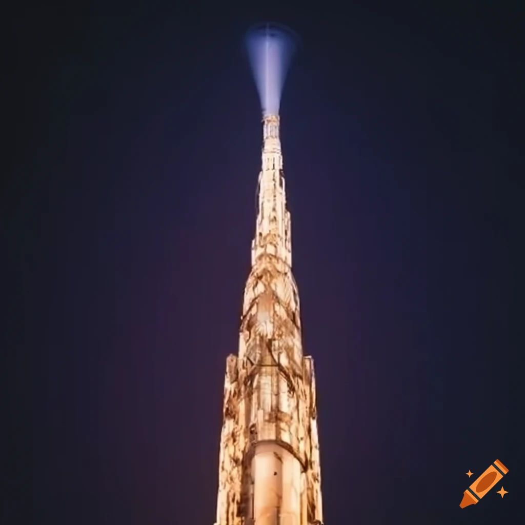 Giant modern wizard tower with a beam of light shooting from the spire ...