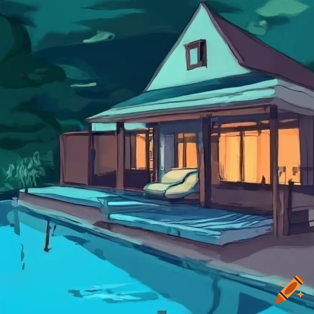 Modern rustic house with a pool drawing on Craiyon