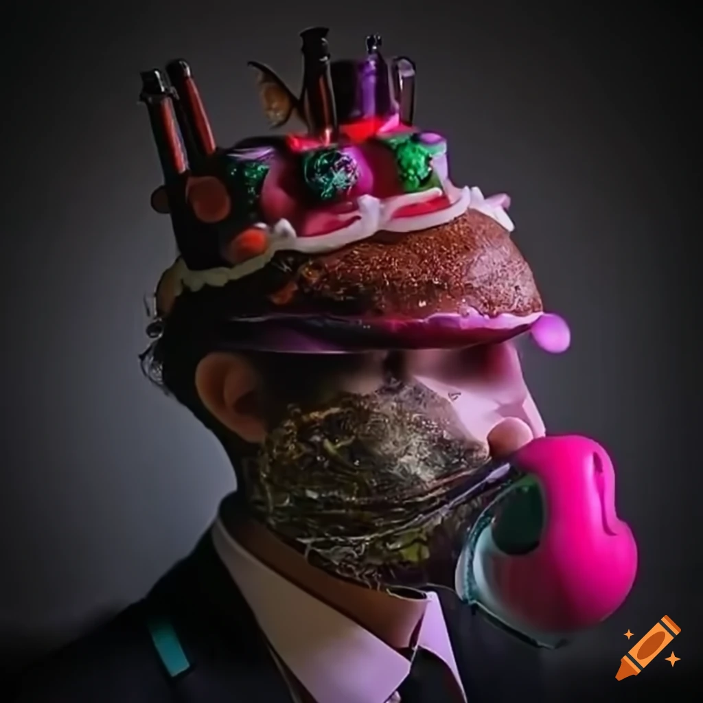 Colorful cyber-punk style detective with a cake-shaped head ...