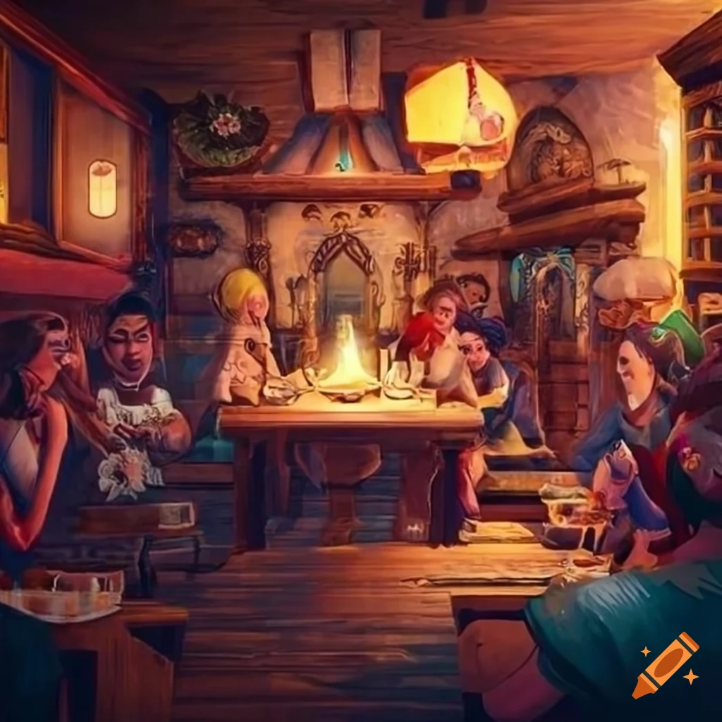 Cozy fantasy tavern with lively crowd enjoying food and drinks on Craiyon