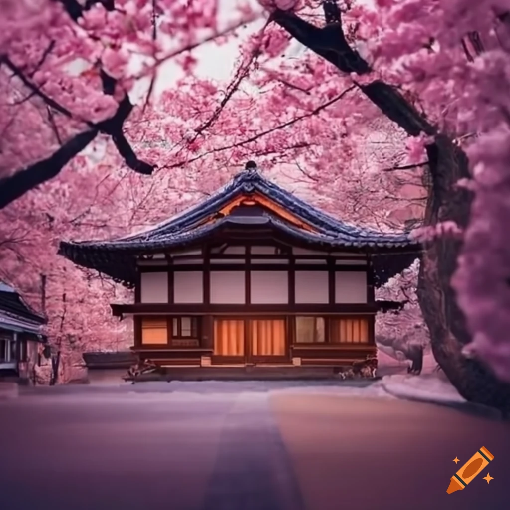 Traditional japanese house surrounded by cherry blossom trees in spring ...