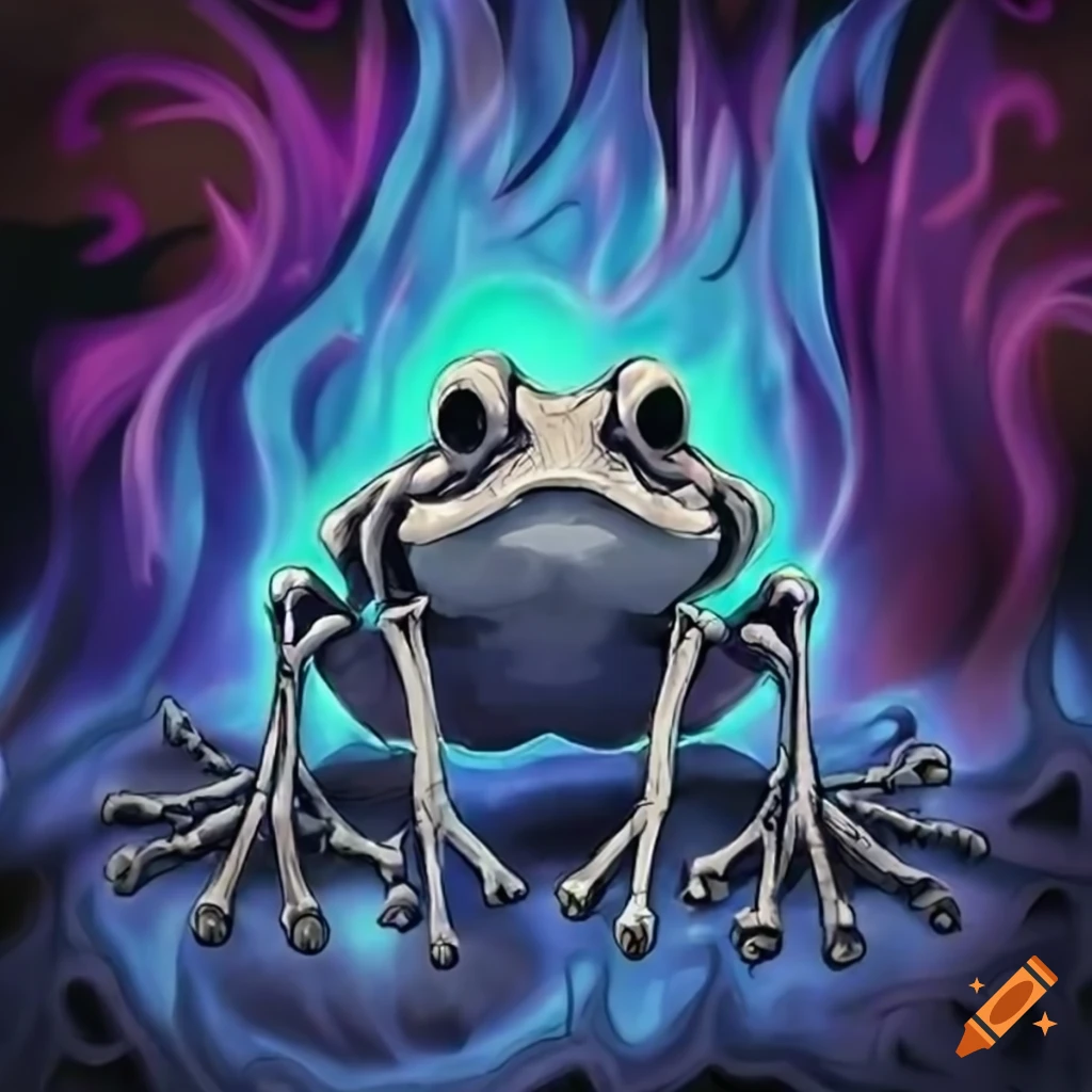 Adorable skeleton frog engulfed in blue flames in mist with a yu-gi-oh ...