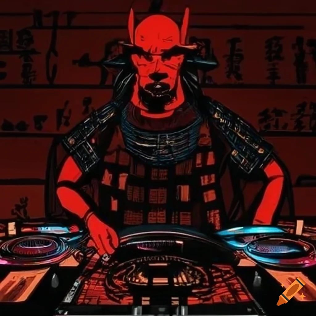 Comic noir depiction of a japanese samurai techno dj on Craiyon