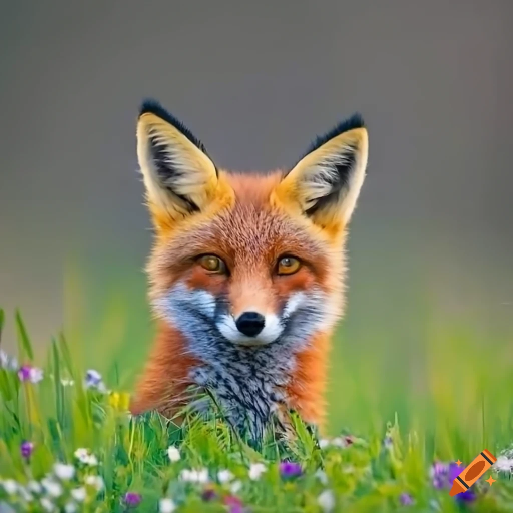 Fluffy fox emerging from forest into vibrant blooming meadow on Craiyon