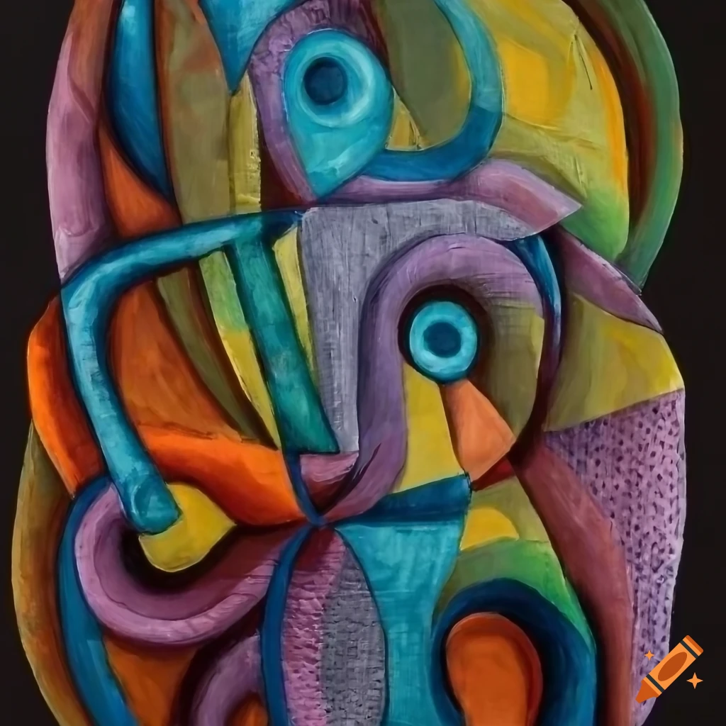 Textured cubism painting with various objects and spirals in harmonious ...