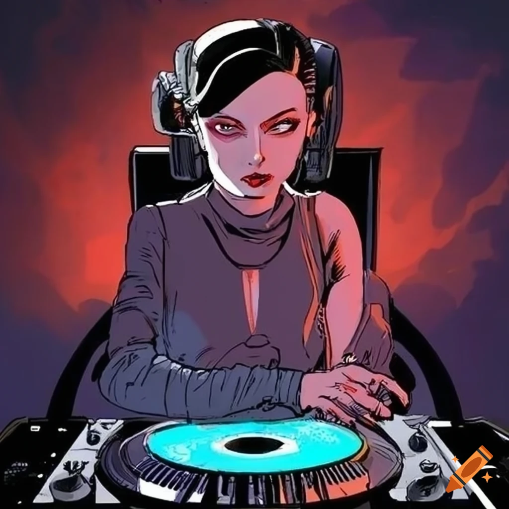 Comic noir depiction of a techno dj on Craiyon