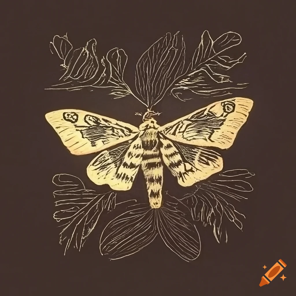 Linocut print of a moth on Craiyon