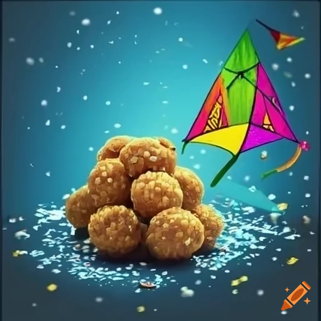 Makar Sankranti greeting card with sun, tilgud, til ladoo, and kite on ...
