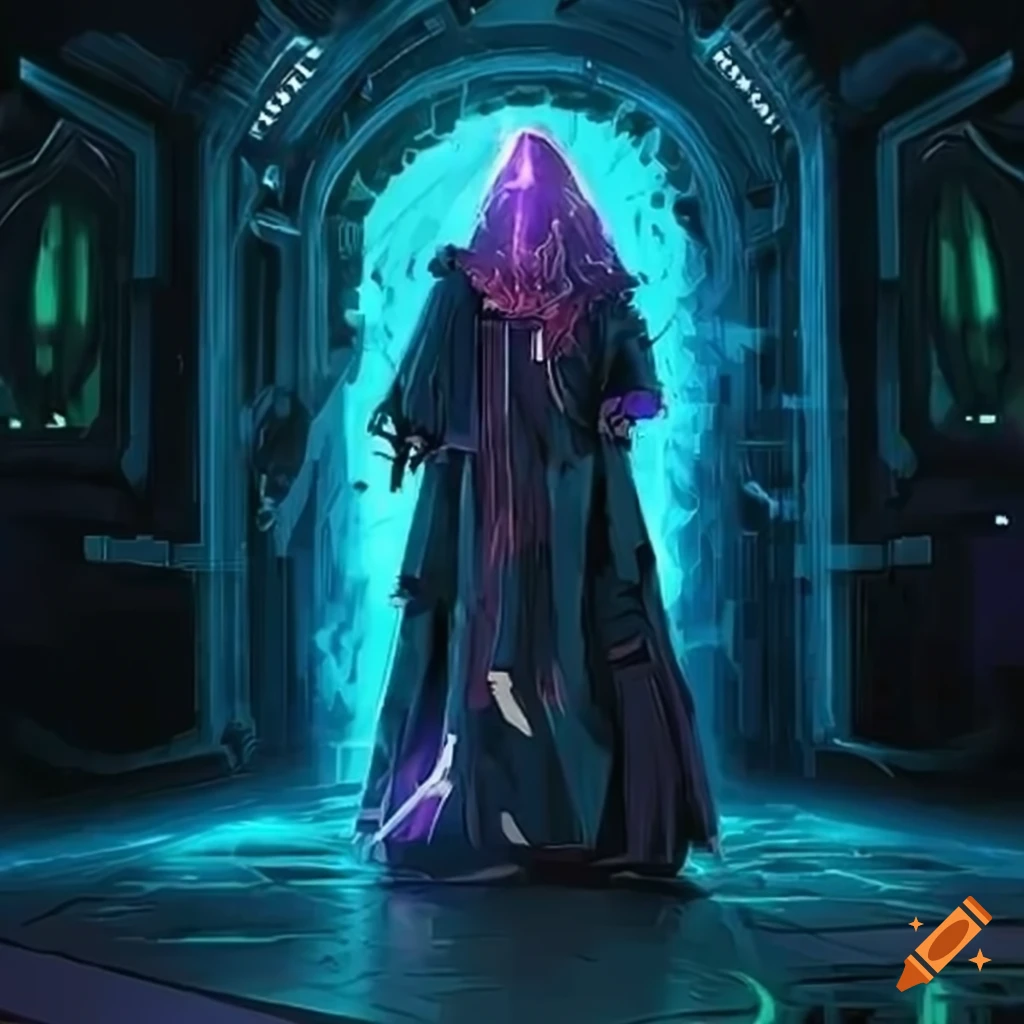 Cyberpunk sci-fi wizard stepping through a magic portal on Craiyon