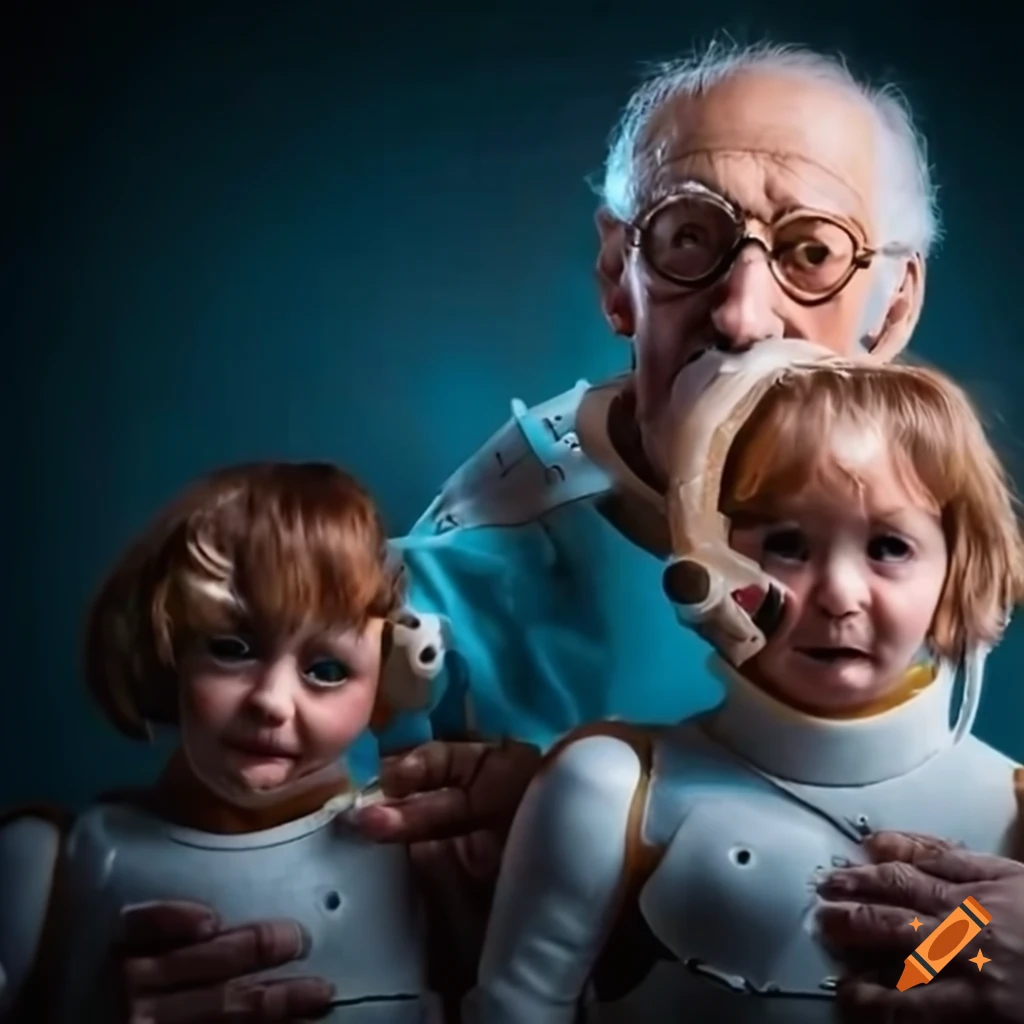 Grandpa posing with robot twins on Craiyon