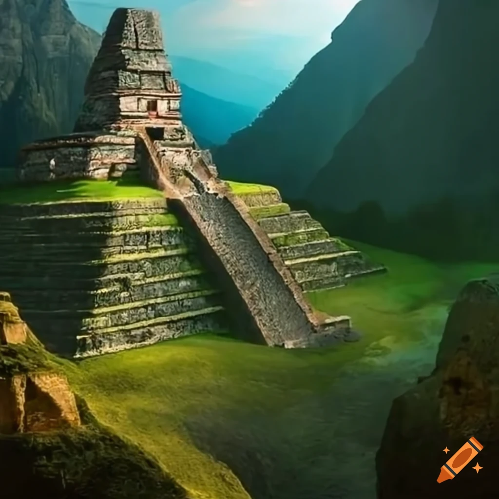 Lush valleys of eodon with stepped aztec style stone pyramids on Craiyon