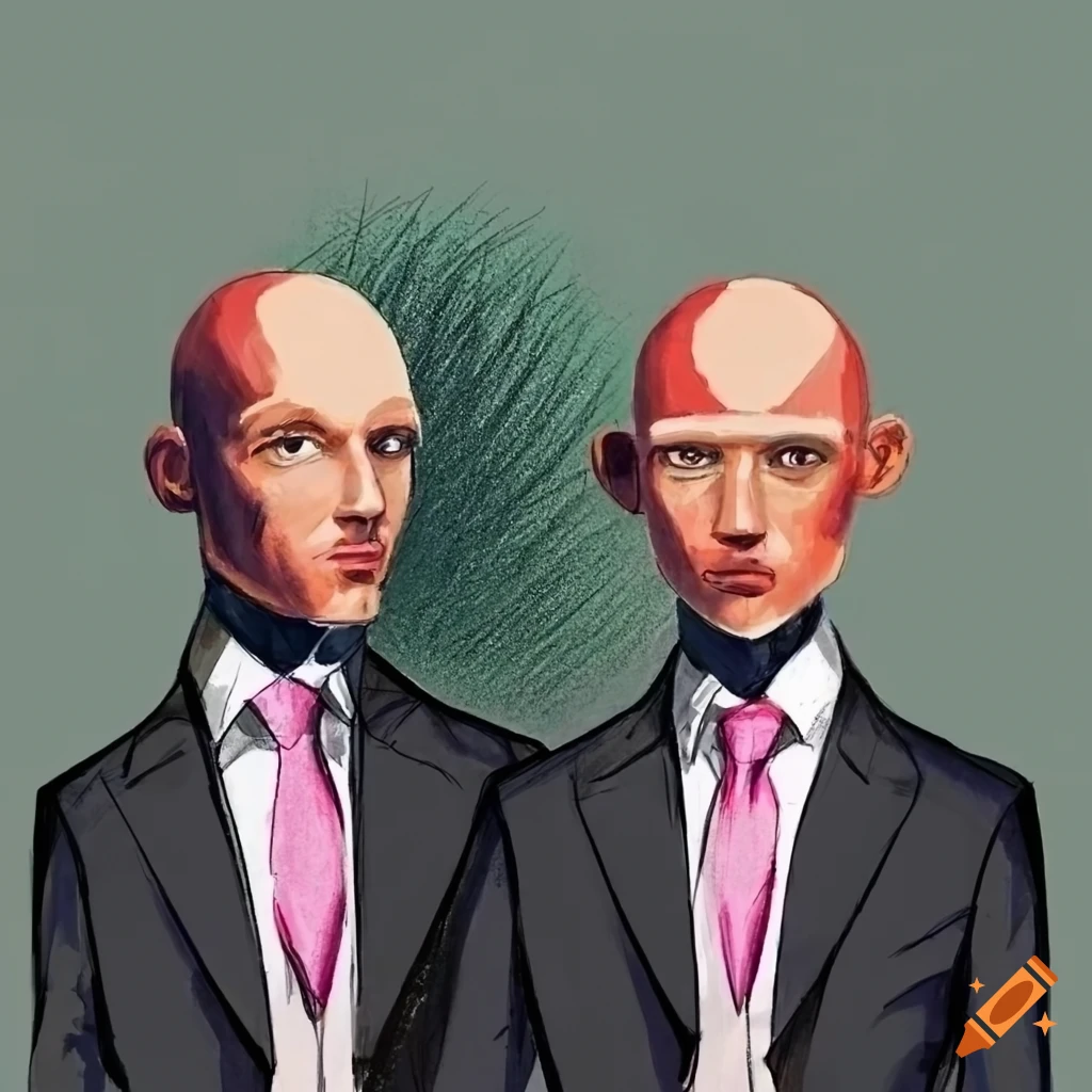 Crayon drawing of three men in black suits with bald heads on Craiyon