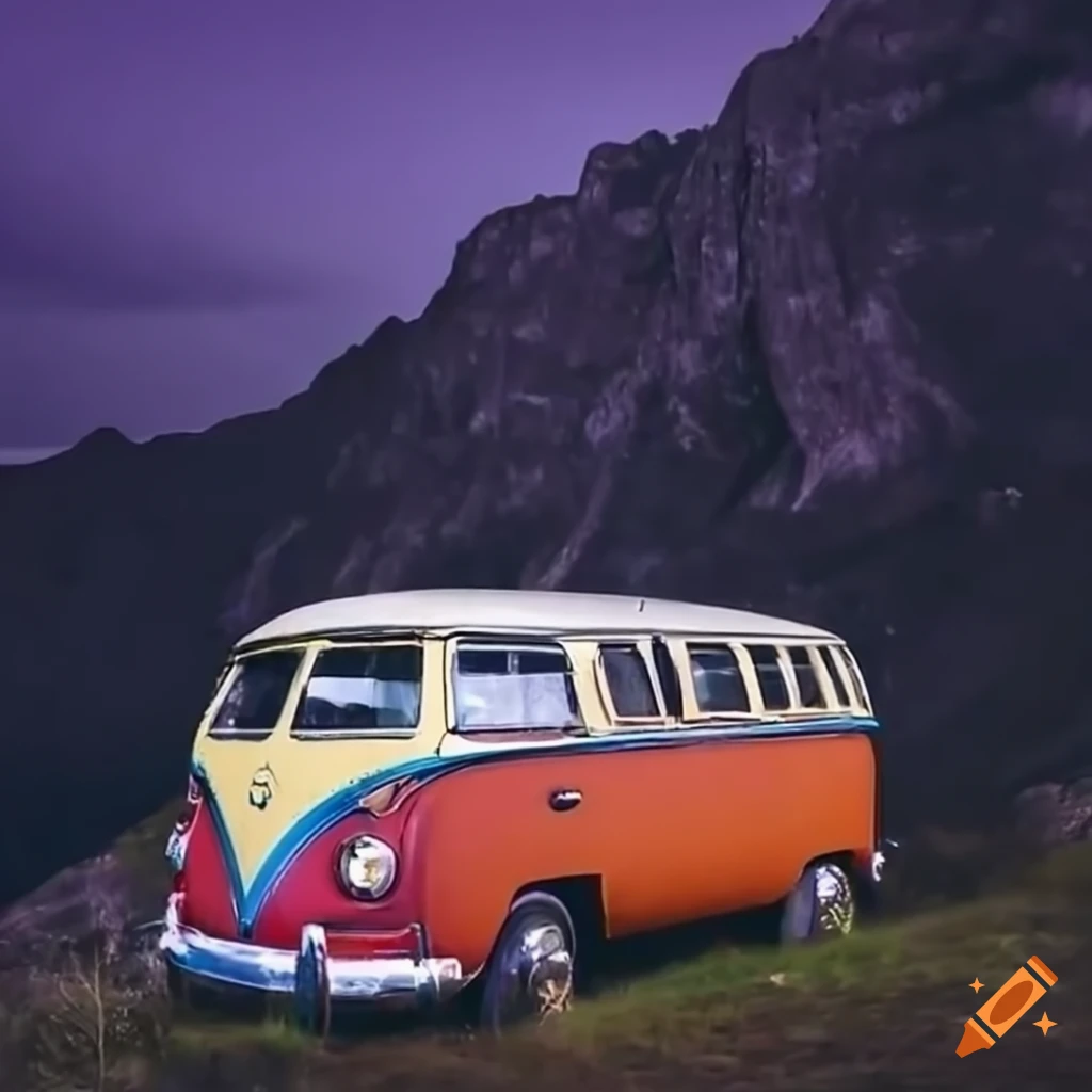 Colorful vw bus on a high mountain at night on Craiyon