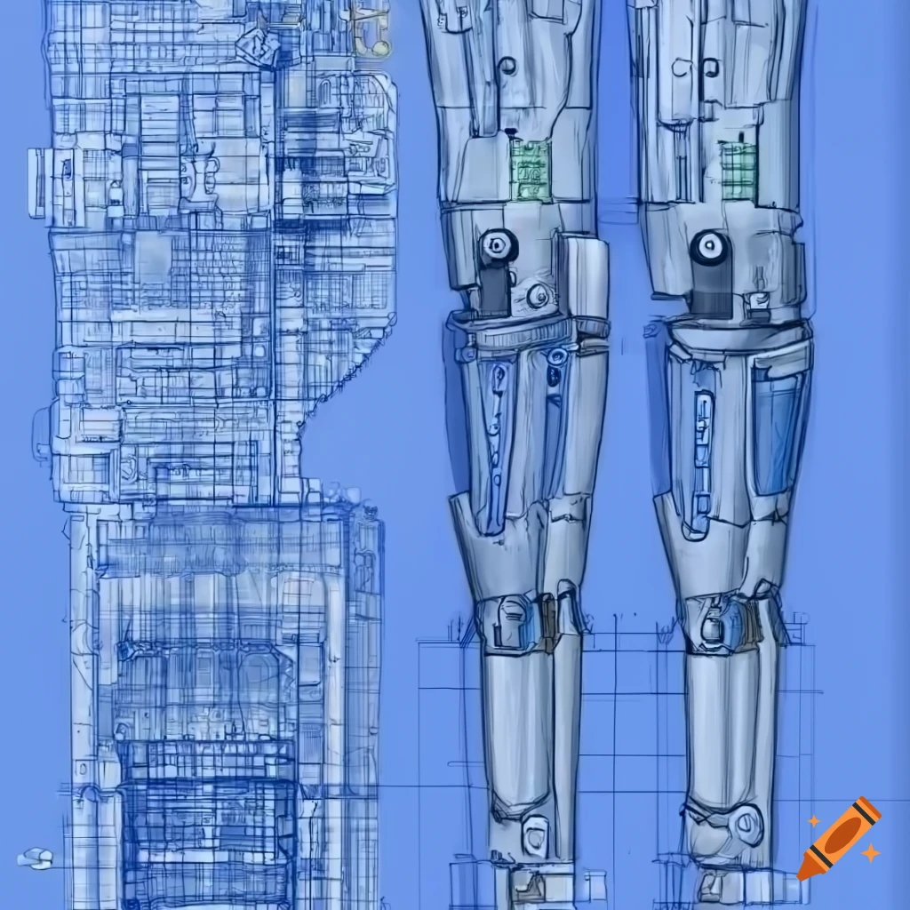 Detailed blueprint of a mechanical prosthetic hand and arm with scifi components on Craiyon
