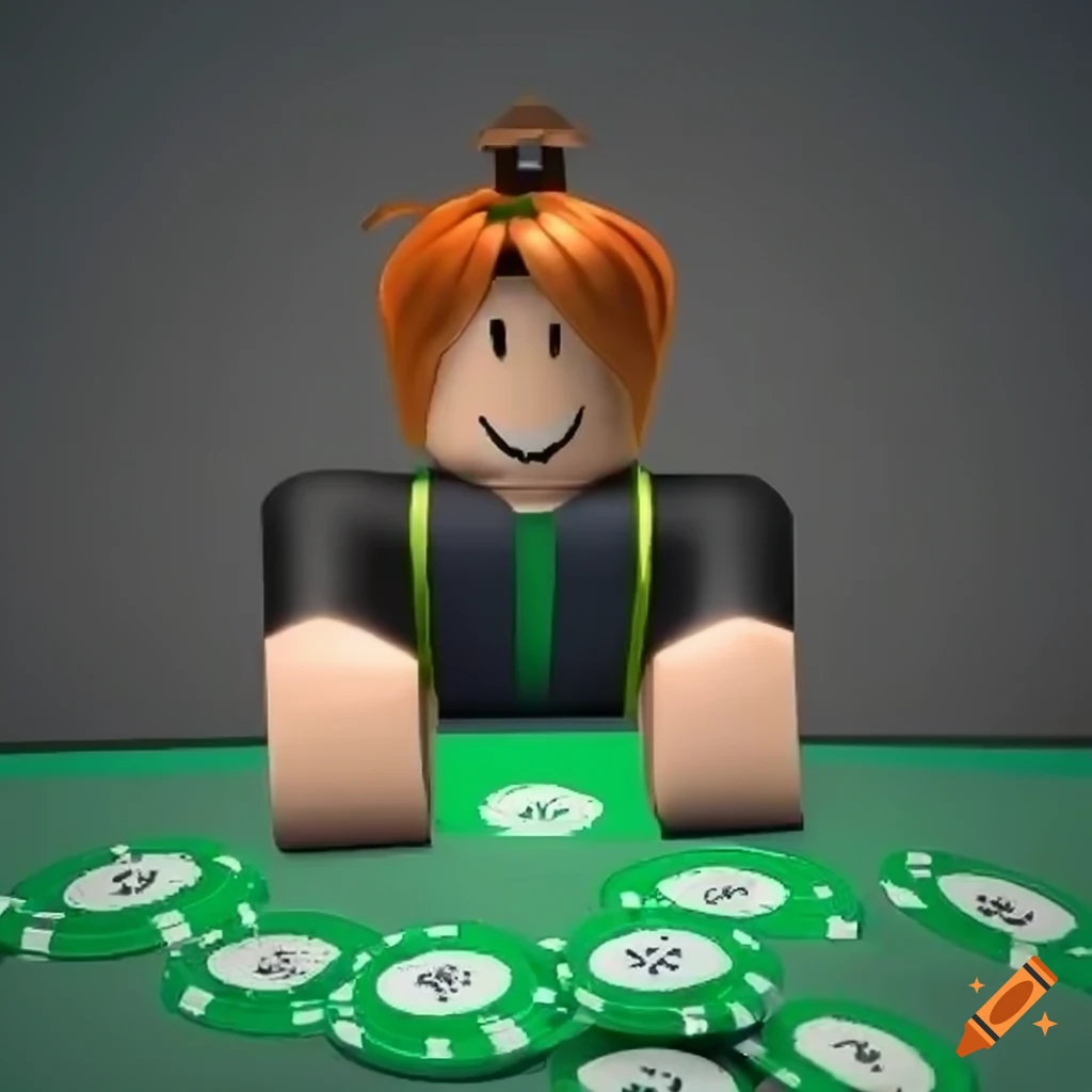 Roblox character at a blackjack table with green chips on Craiyon