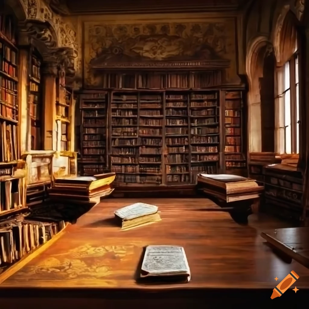 Monastic library with old manuscripts and a large work table in a warm ...