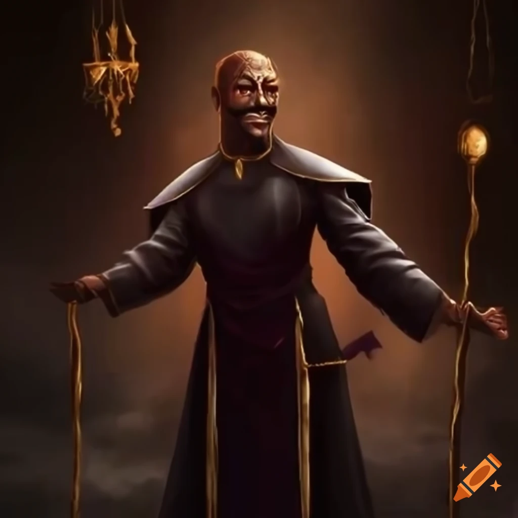 Smiling black magician in illusionist outfit for medieval role playing ...