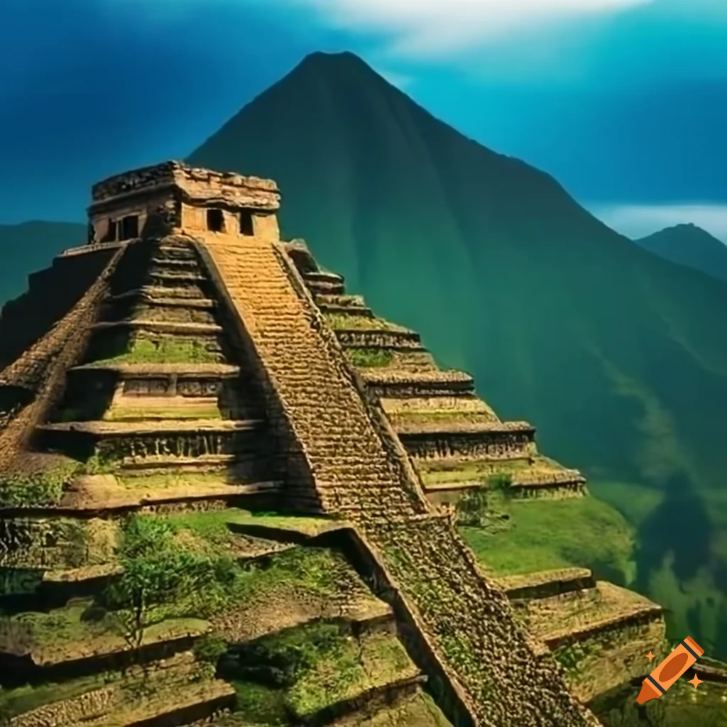 Lush valleys of eodon with stepped aztec style stone pyramids on Craiyon