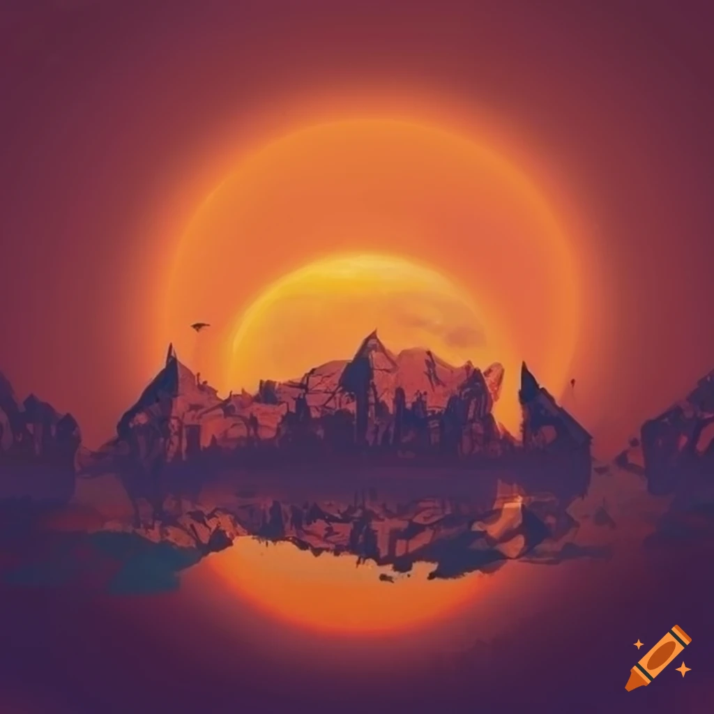 Retro sci-fi dark fantasy landscape in orange tones on Craiyon