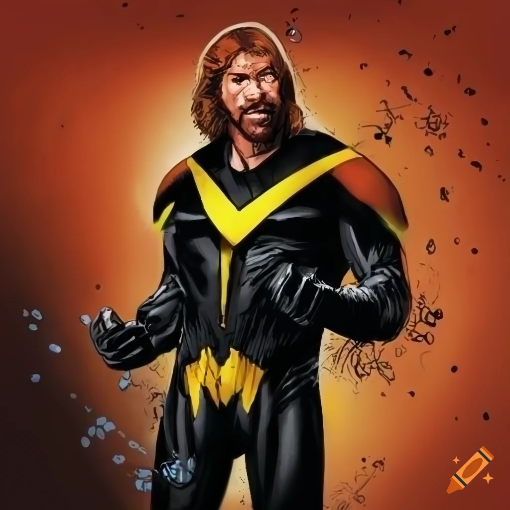 Hyperion from MARVEL in orange, yellow, and black with a cape on Craiyon