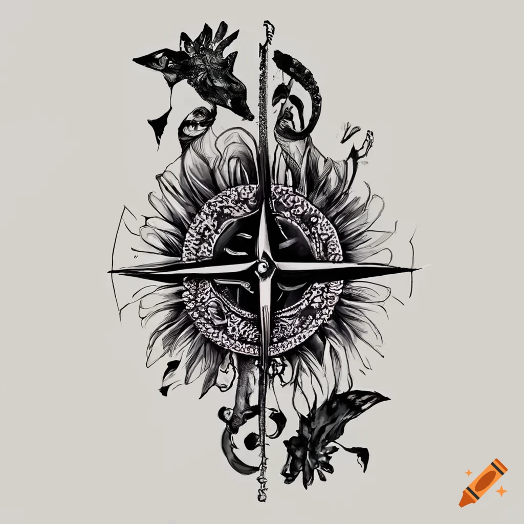 Compass and sunflower tattoo design in all black on Craiyon