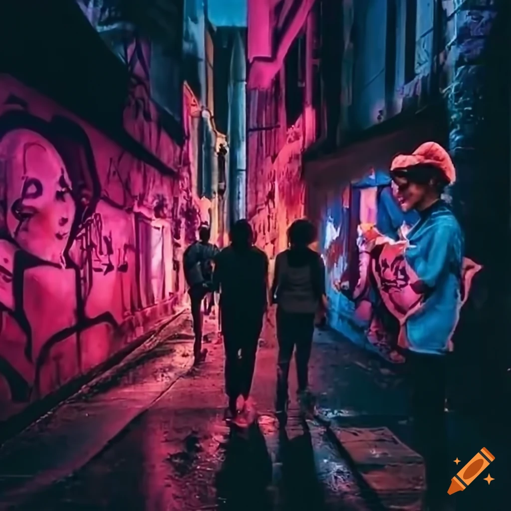 Group of young friends walking in front of graffiti covered buildings ...