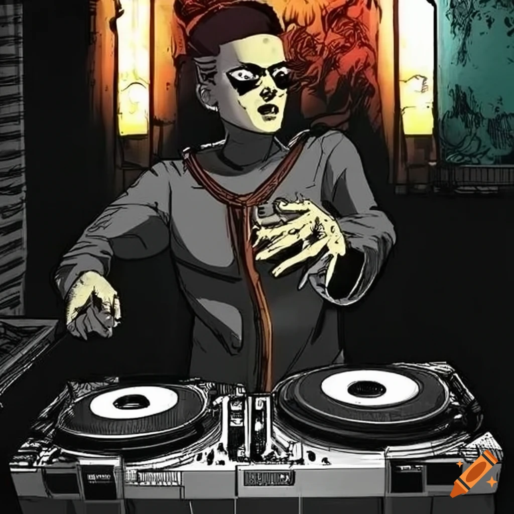 Comic noir depiction of a techno dj on Craiyon