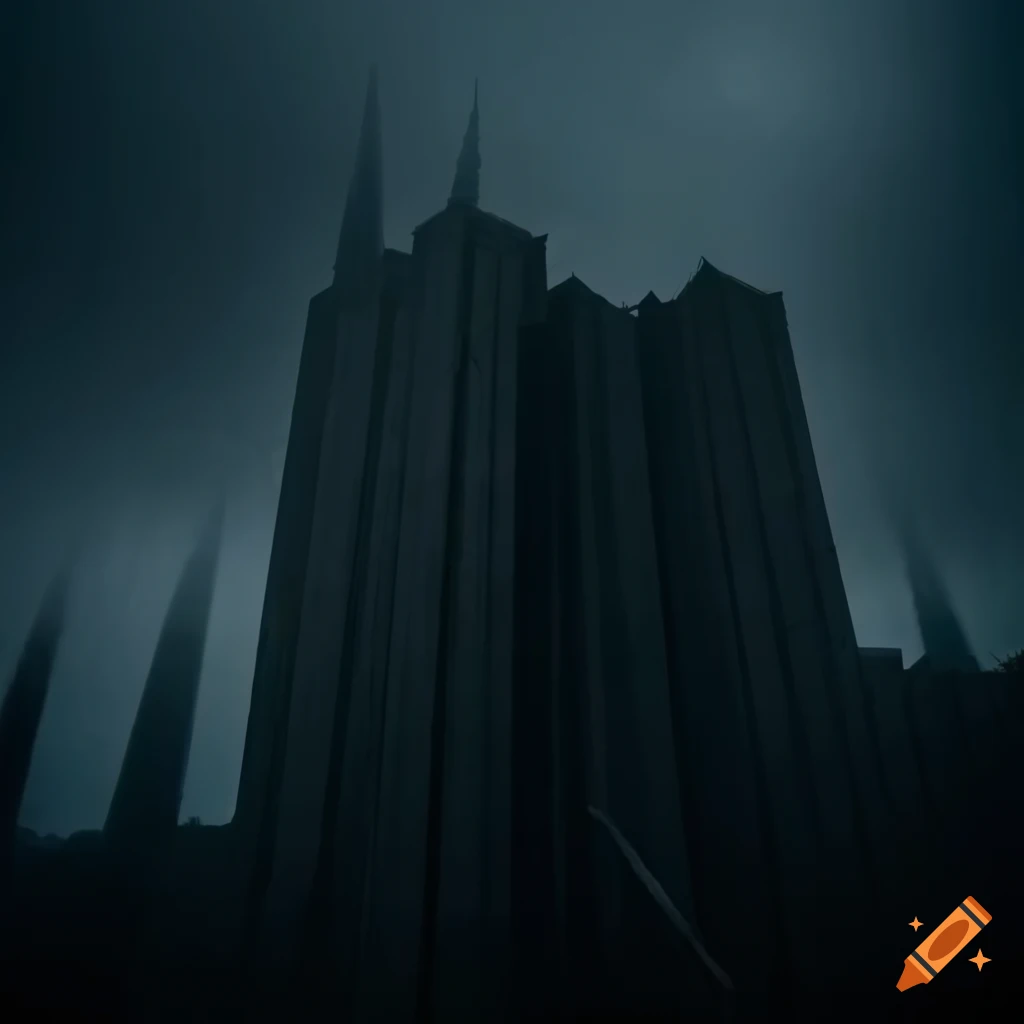 Large dark building in a surreal environment with spikes reaching into ...