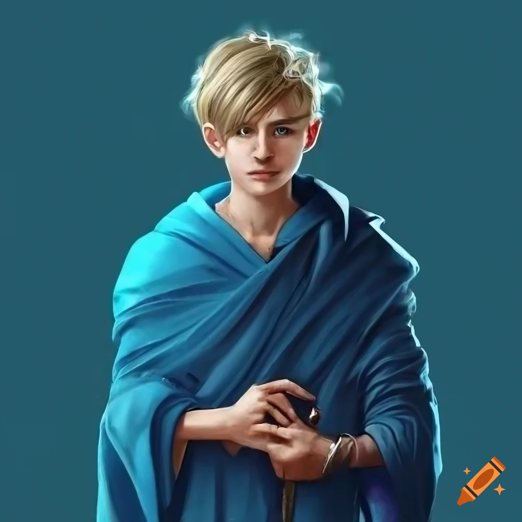 Young male monk with messy blonde hair and blue robe on Craiyon