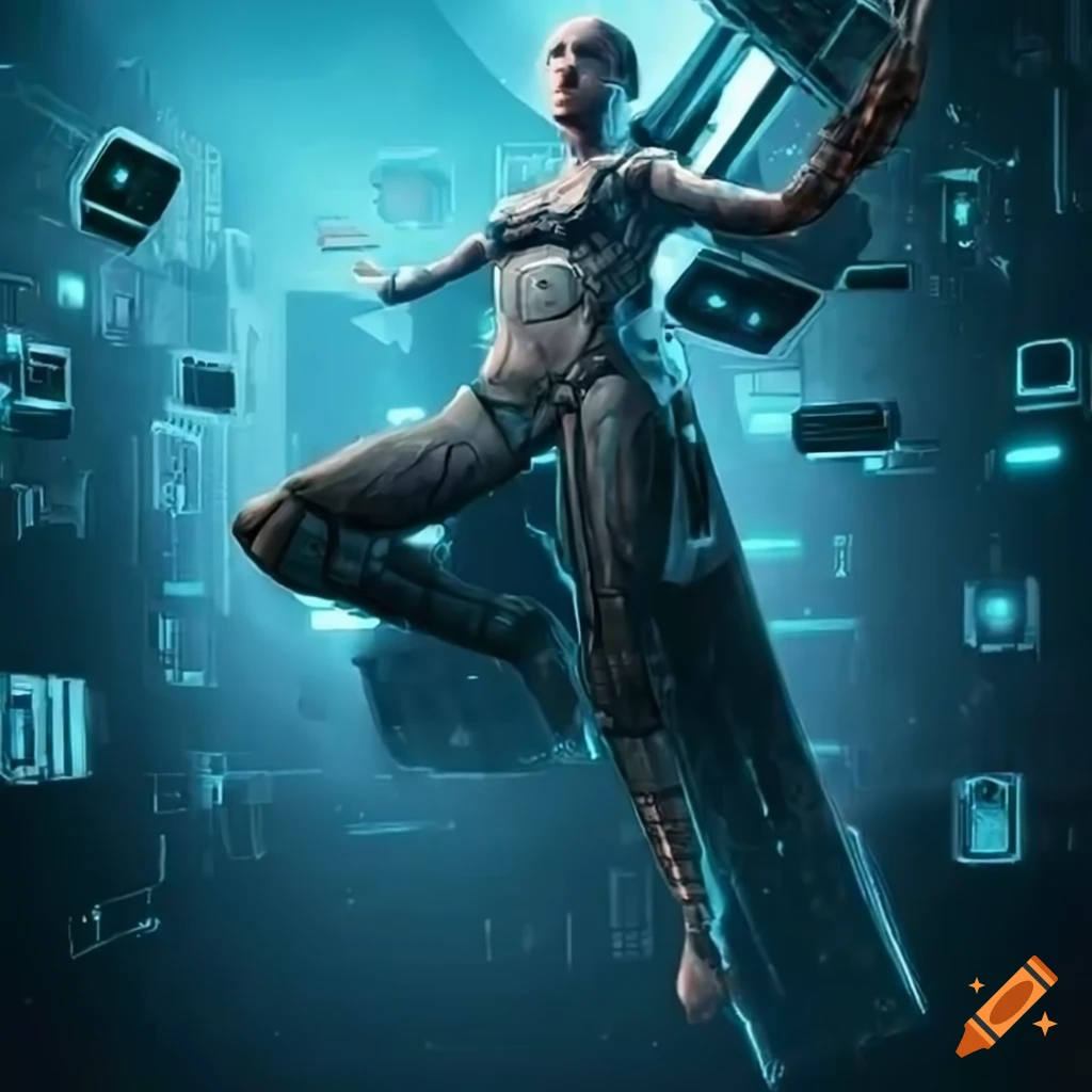 Sci-fi technomancer surrounded by floating computers on Craiyon