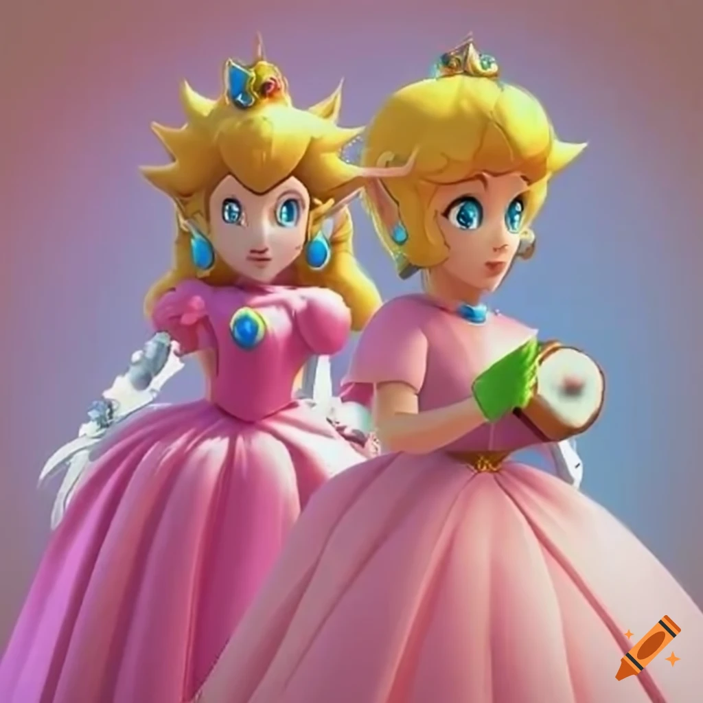Princess Peach and Link posing together in pink silk ballgown, palace ...