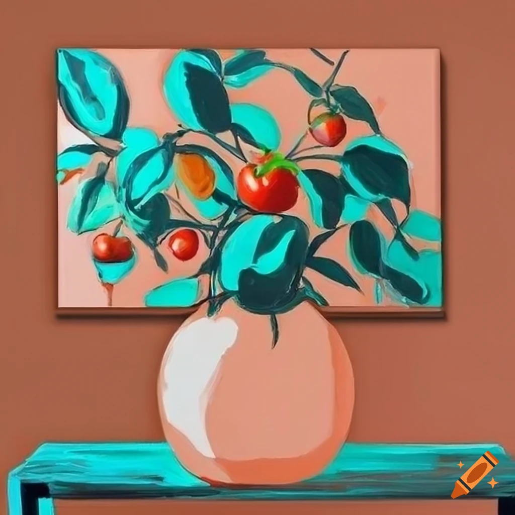 Modern abstract painting with vibrant plant and tomatoes on table in ...