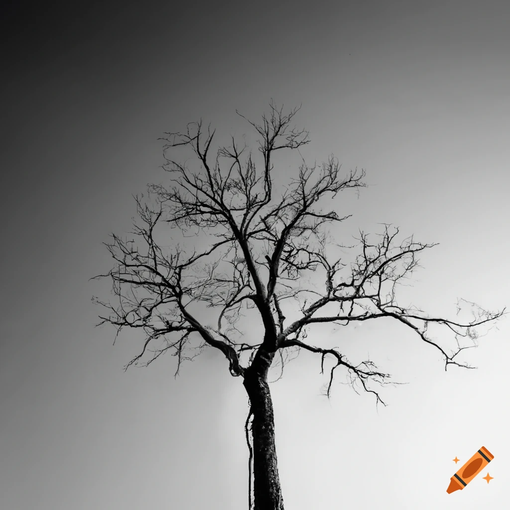 Aerial view of the top of a bare tree in black and white on Craiyon