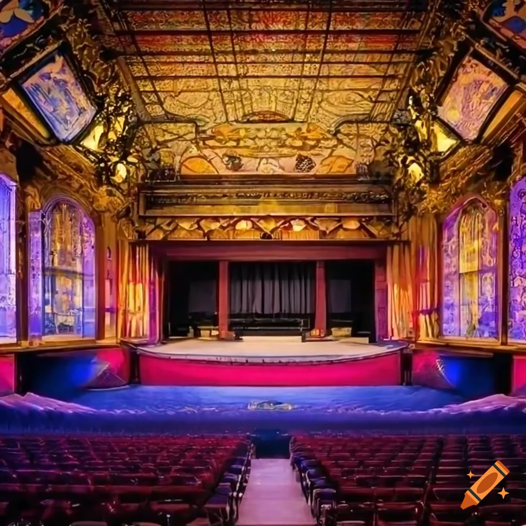 Empty music venue with a retro modern theme and stained glass walls on ...