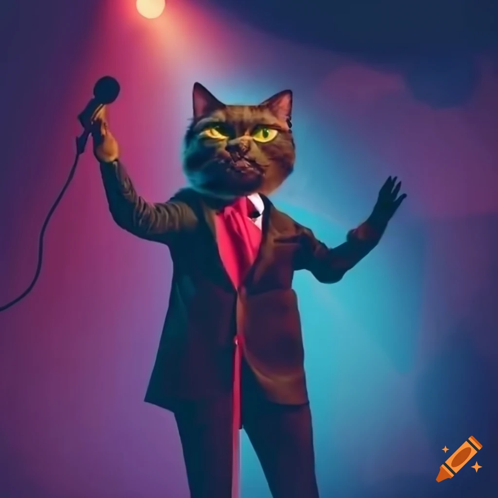 Cat in suit performing stand-up comedy on stage on Craiyon