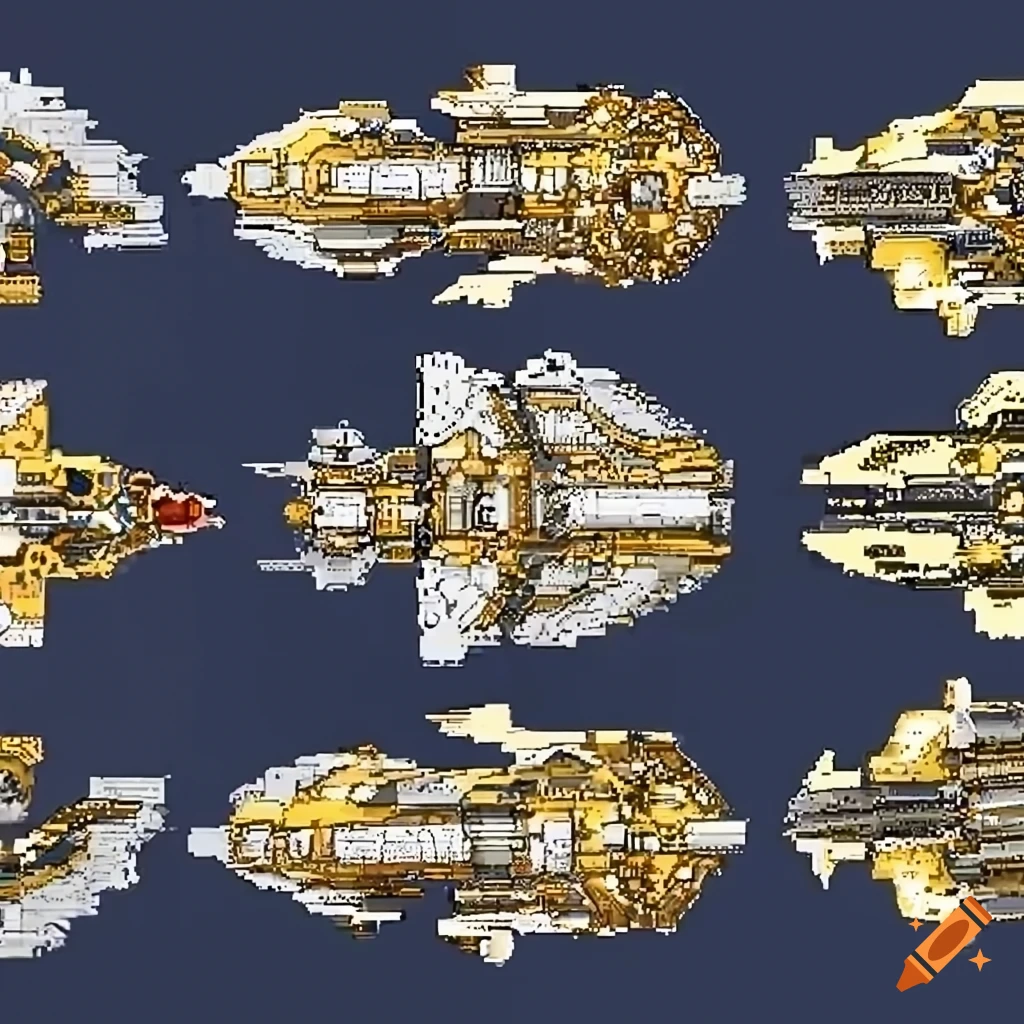 Intricate white and gold science fiction spaceship sprites on Craiyon